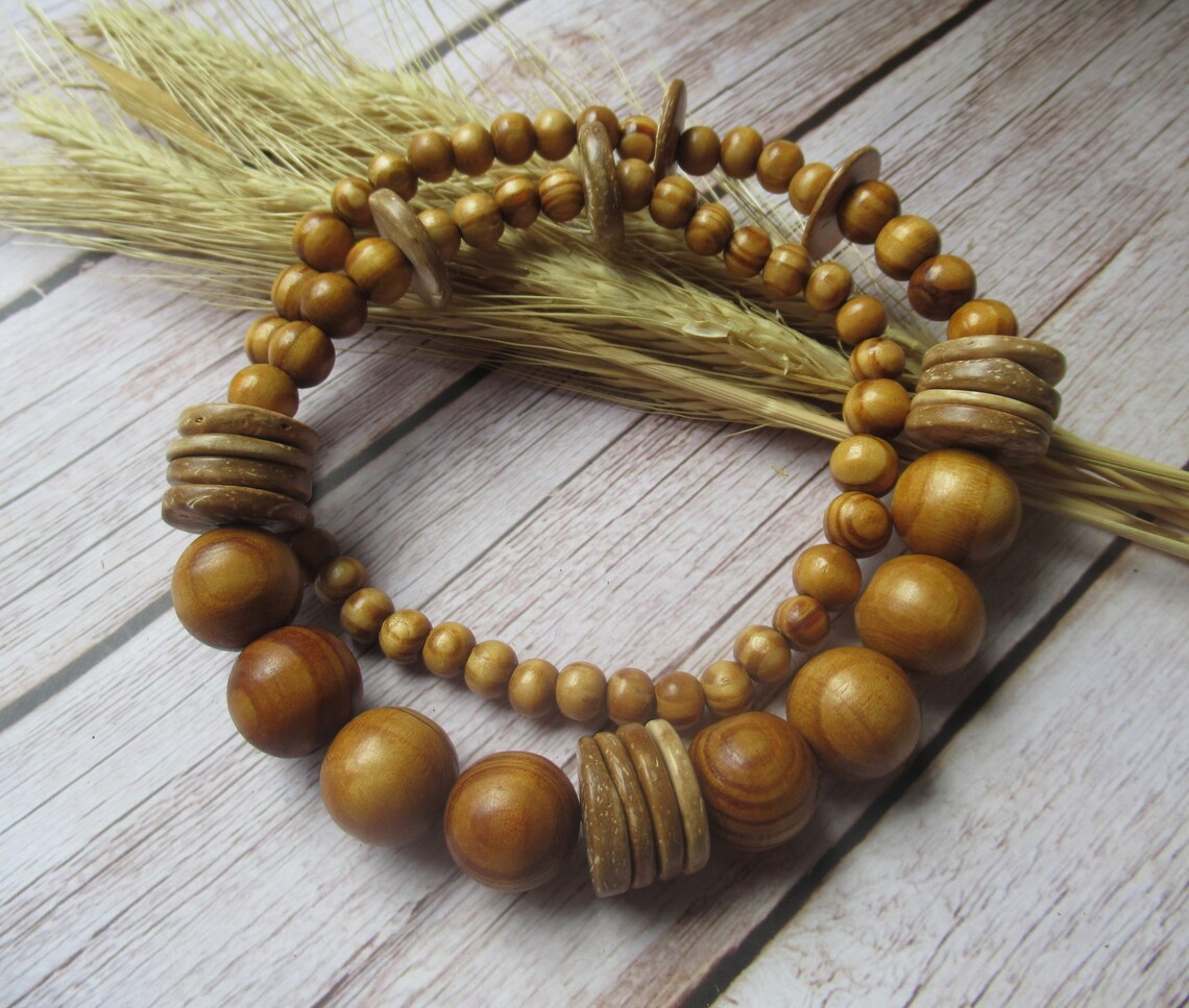 Beaded Necklace, Chunky Wood and Nut, Ethnic Inspired, Boho With Gift ...