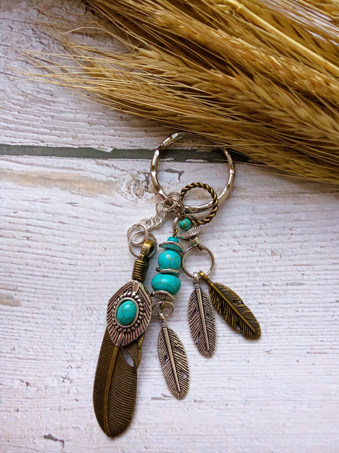 Feather Key Ring, Boho Bronze Silver Turquoise Key Chain With Gift Bag ...