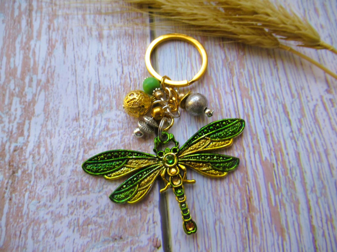 Dragonfly Key Ring Hand Painted Charm Gold and Green With Gift Bag - Etsy