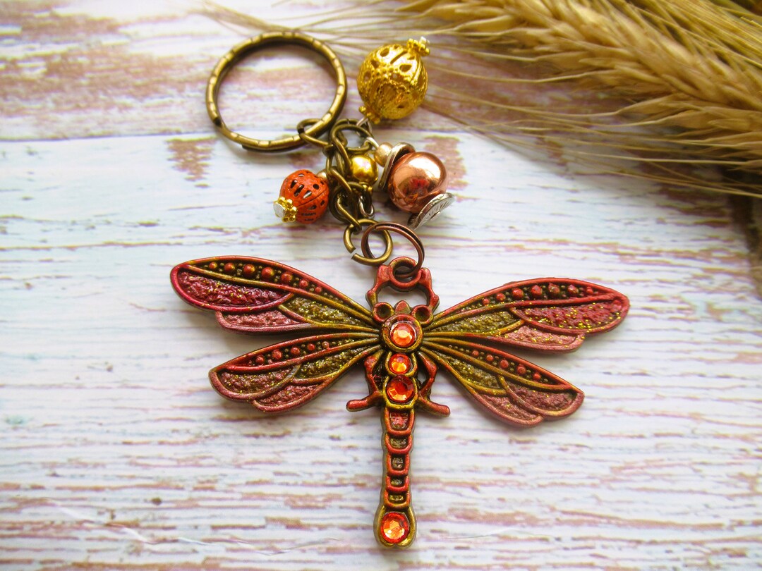 Dragonfly Key Chain, Hand Painted Orange Key Ring With Gift Bag - Etsy