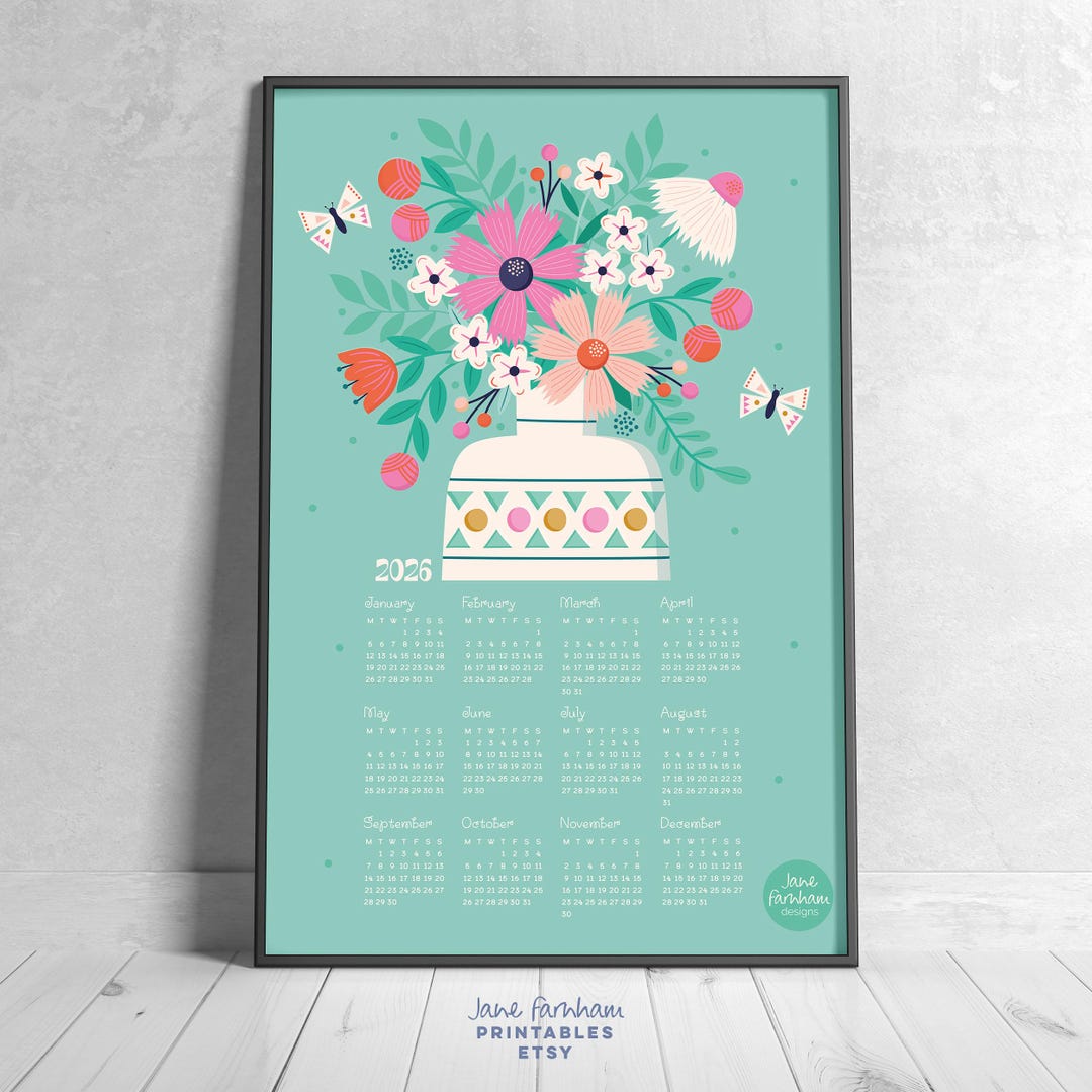 Retro Vase & Flowers 2026 Calendar | Midcentury Floral Illustration ...