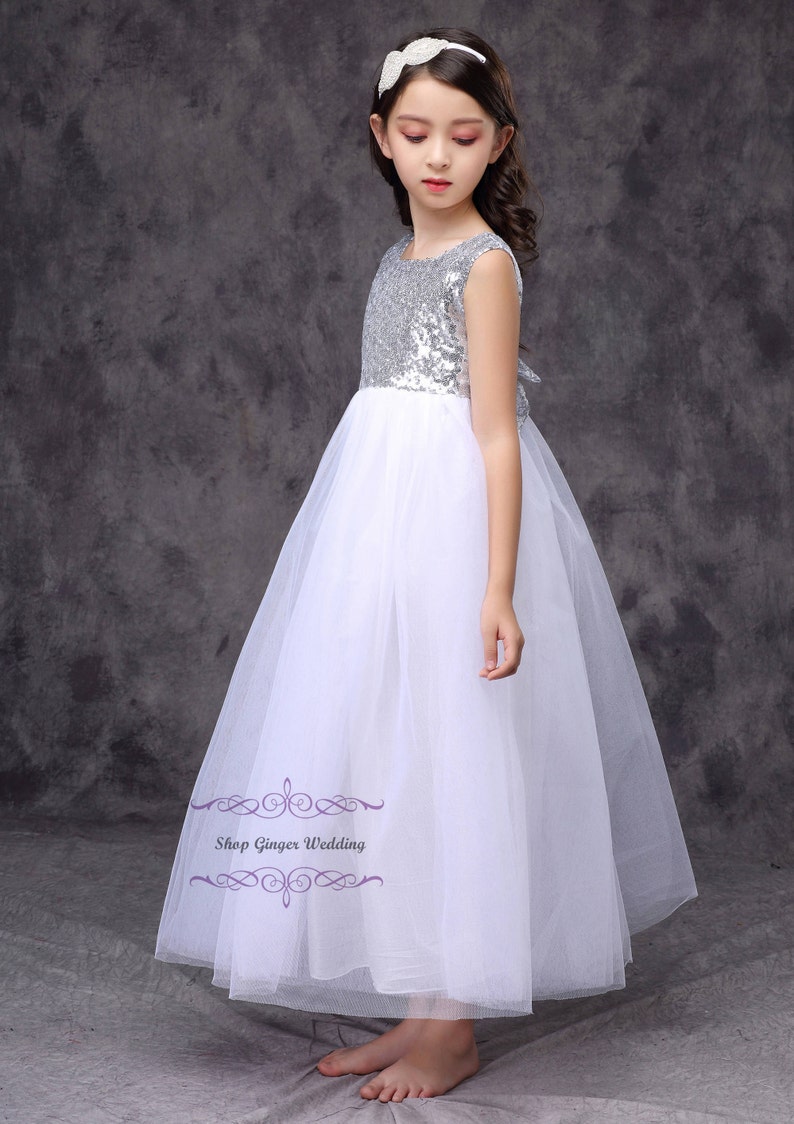 Silver Sequin Flower Girl Dress, White Tulle Tutu, Communion Dress - Etsy