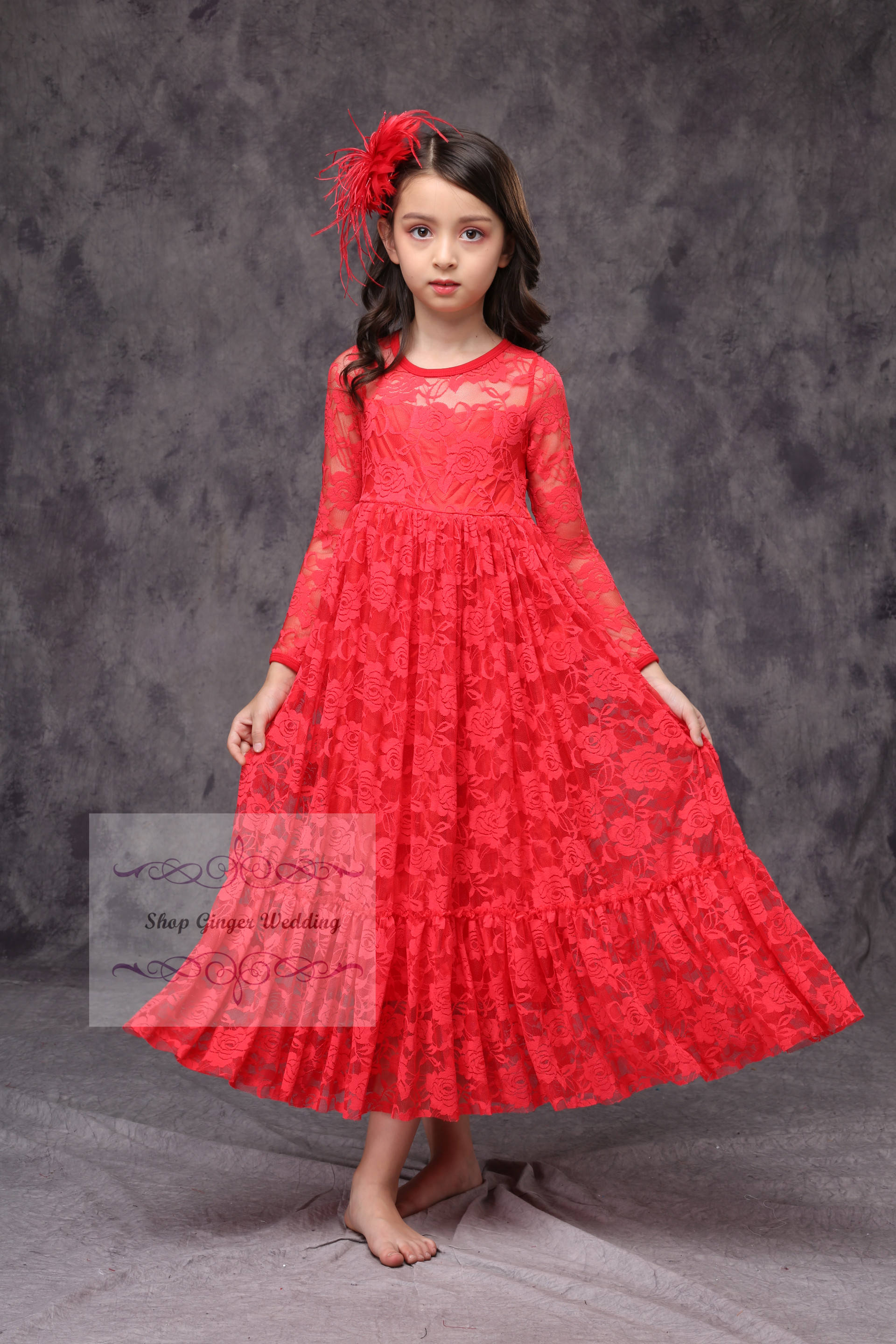 Red Lace Girl Dress, Girl Lace Dress, Long Sleeves Girl Dress, Applique ...