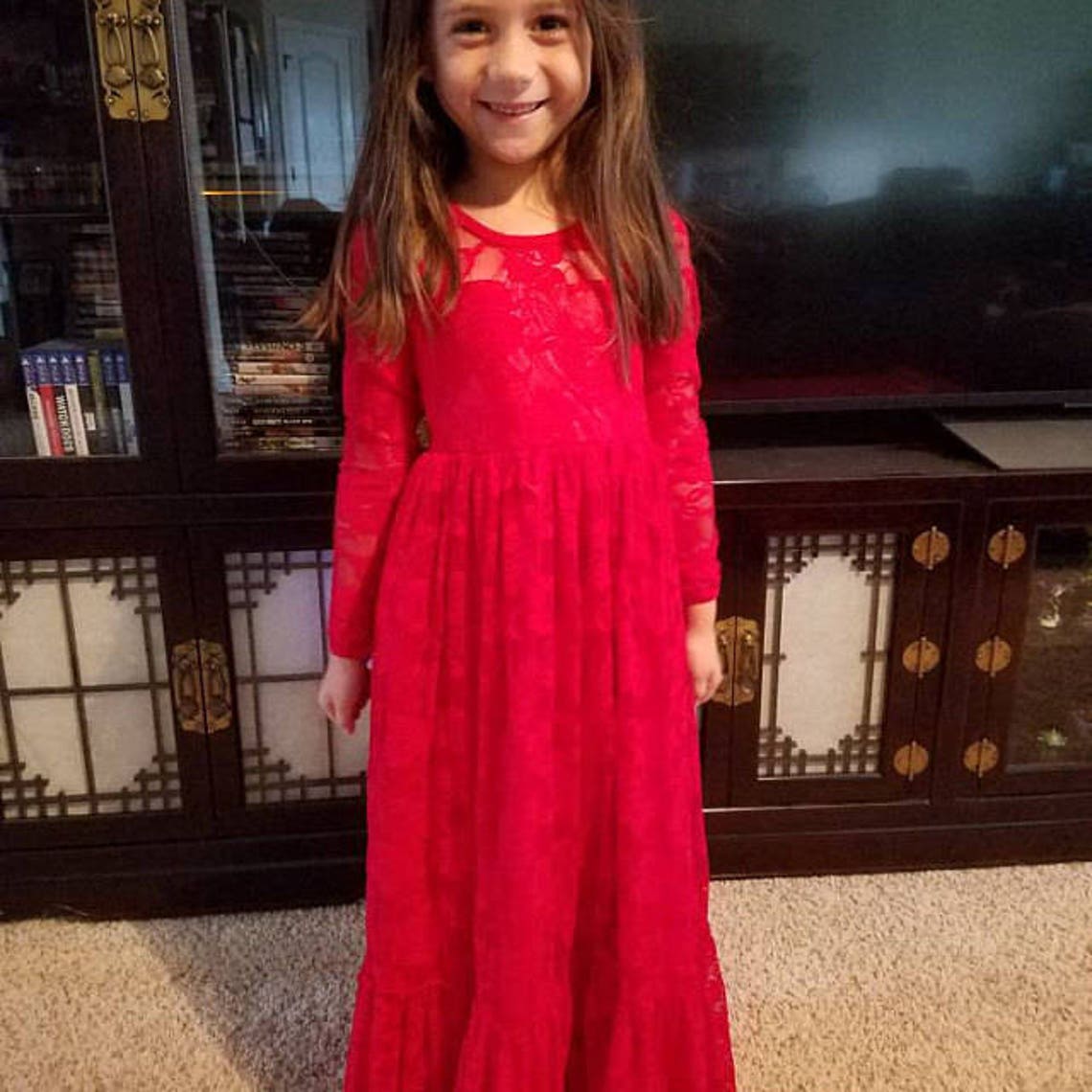 Red Lace Girl Dress, Girl Lace Dress, Long Sleeves Girl Dress, Applique ...