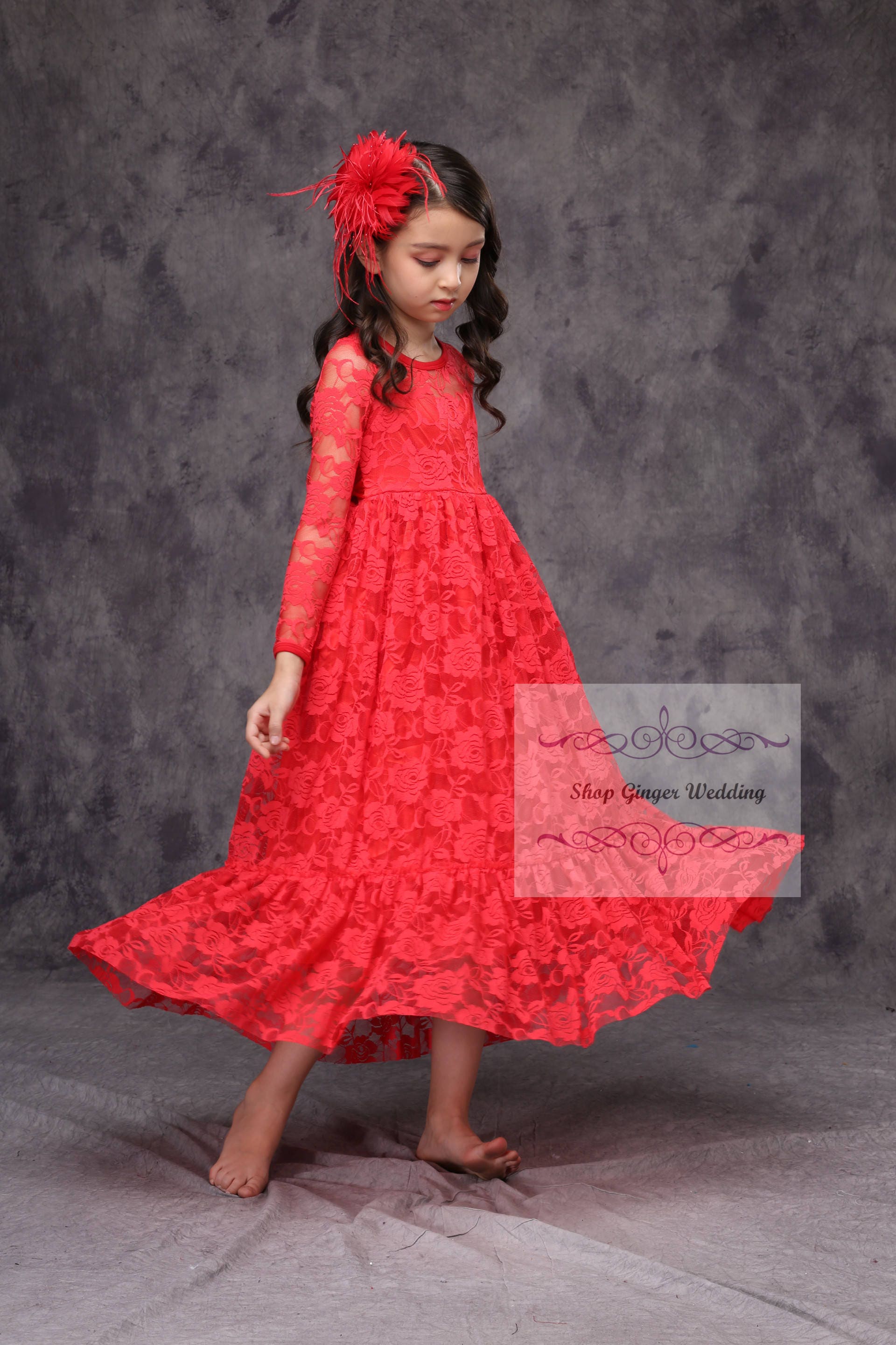 Red Lace Girl Dress, Girl Lace Dress, Long Sleeves Girl Dress, Applique ...