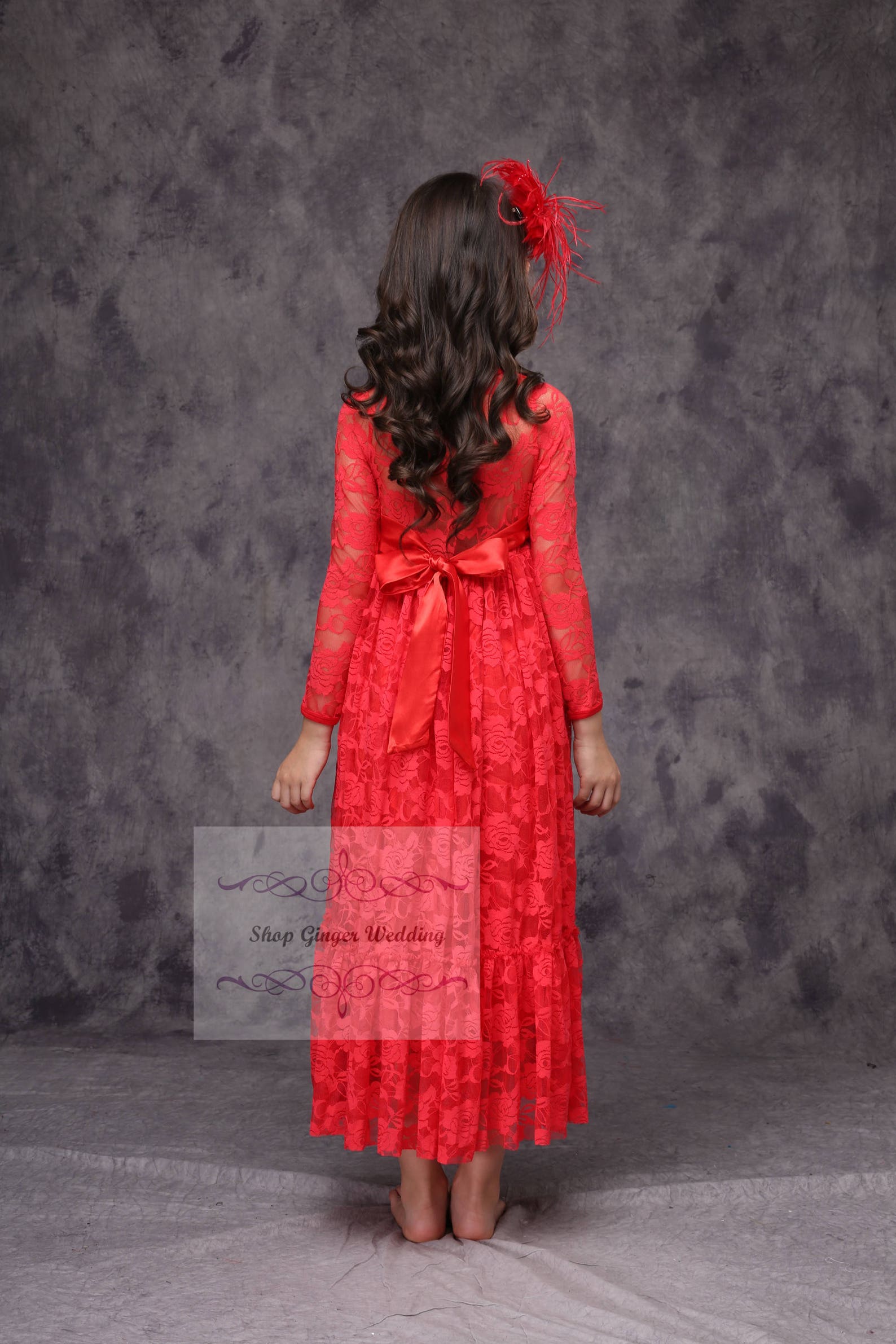 Red Lace Girl Dress, Girl Lace Dress, Long Sleeves Girl Dress, Applique ...