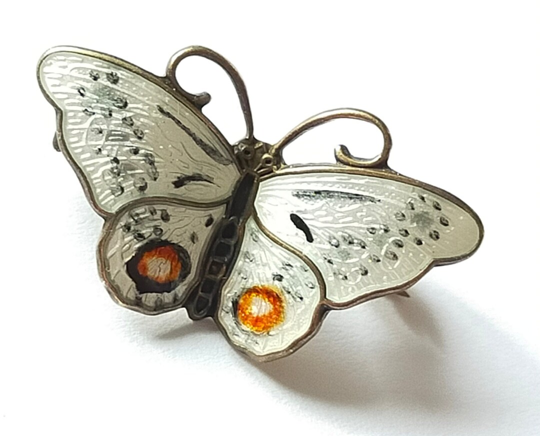 Antique Signed Quality Hroar Prydz Silver Enamel Butterfly Brooch White ...