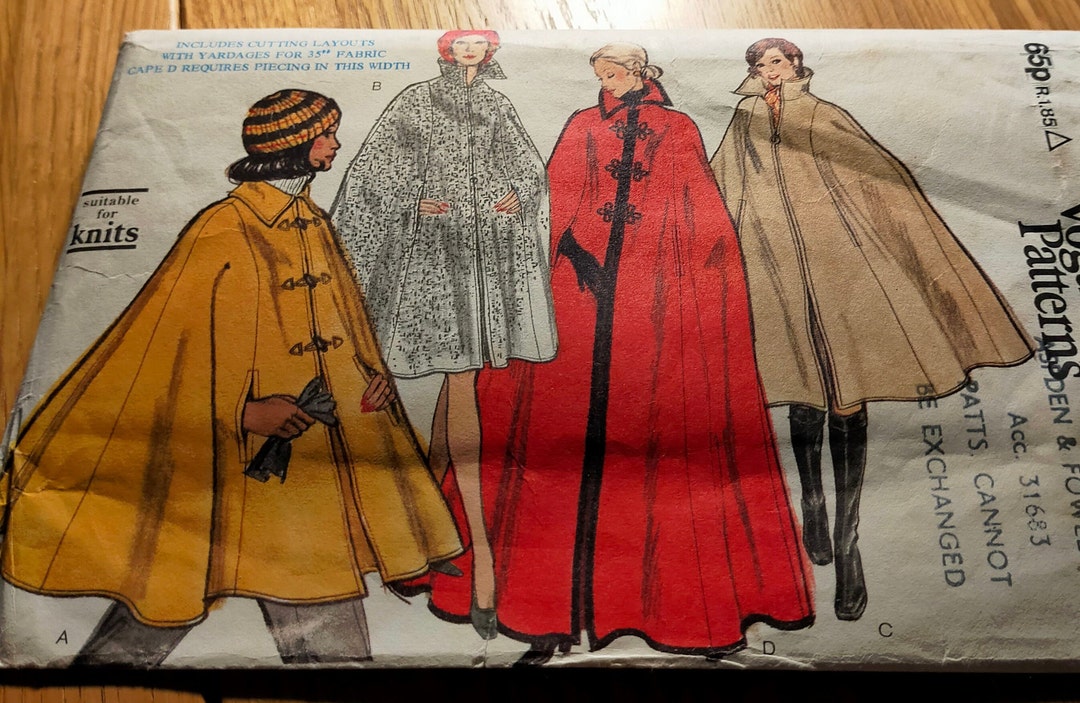 Very Easy Vogue Cape Sewing Pattern Long or Short Button or Zip Cape ...