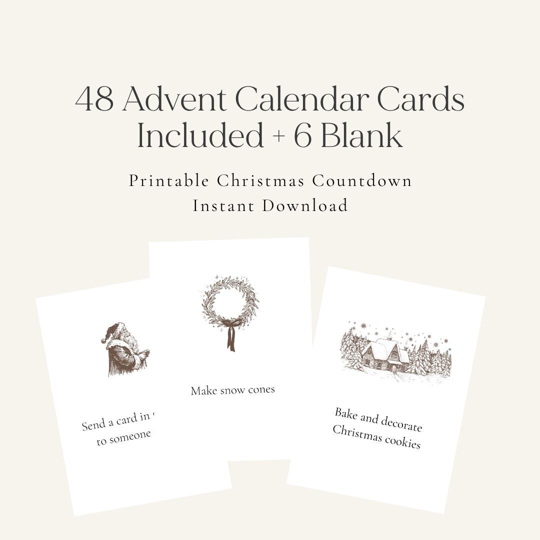 48 Brown Vintage Advent Cards | Sketch Printable Christmas Countdown ...