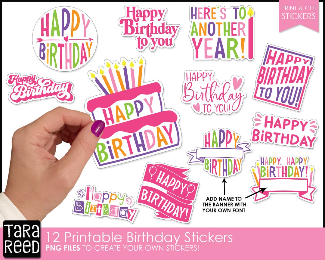 Printable Birthday Stickers Pink and Purple Print and Cut Stickers With ...