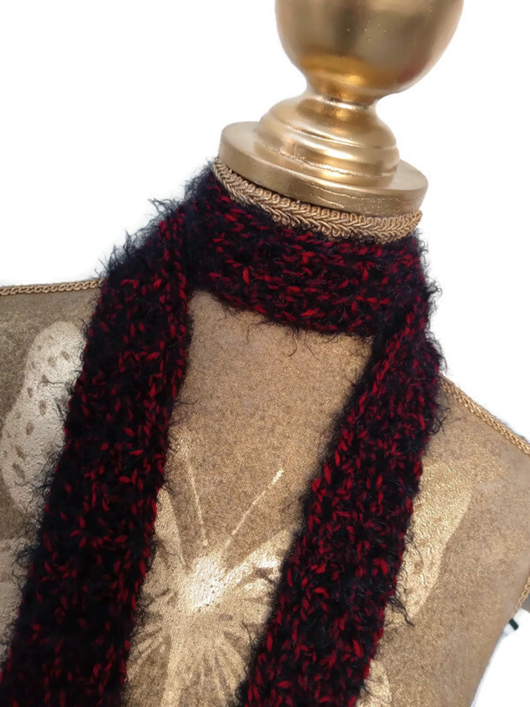Skinny Scarf, Skinny Fluffy Black Red Knit Scarf, Thin Long Tie Scarf ...