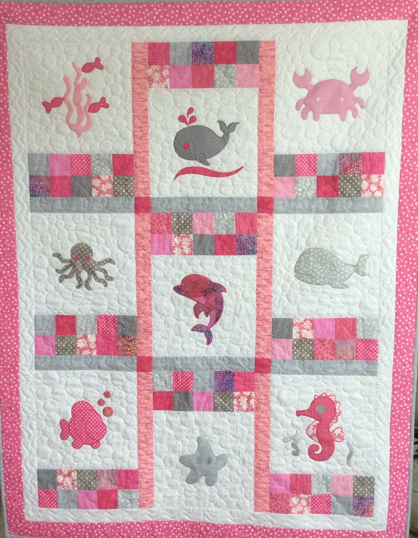 Handmade baby quilt. Sea creatures baby quilt.