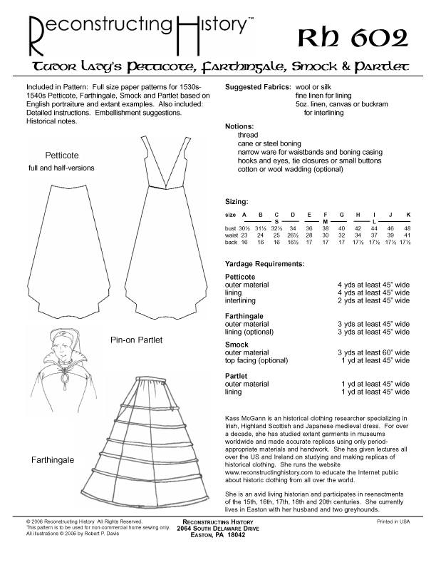 RH602 Tudor Ladies Skivvies Reconstructing History Sewing Pattern ...