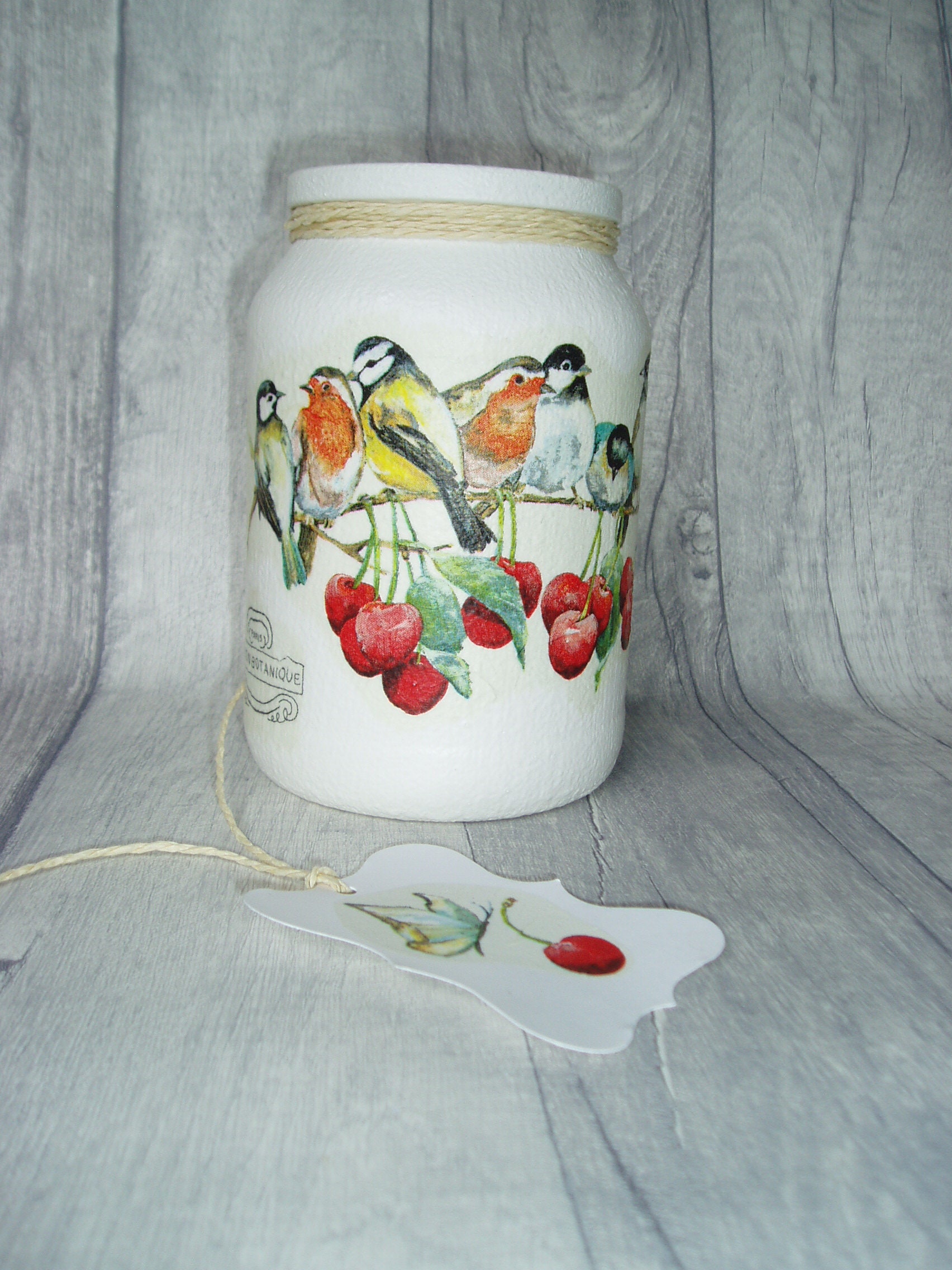 Decoupage Jar. Pretty and Practical Decoupage Jar. Birds and Cherries ...