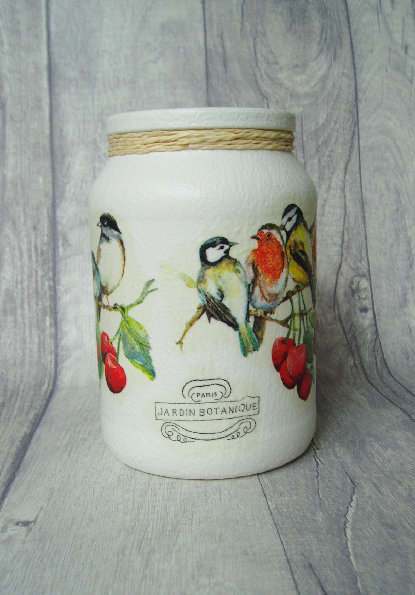 Decoupage Jar. Pretty and Practical Decoupage Jar. Birds and Cherries ...