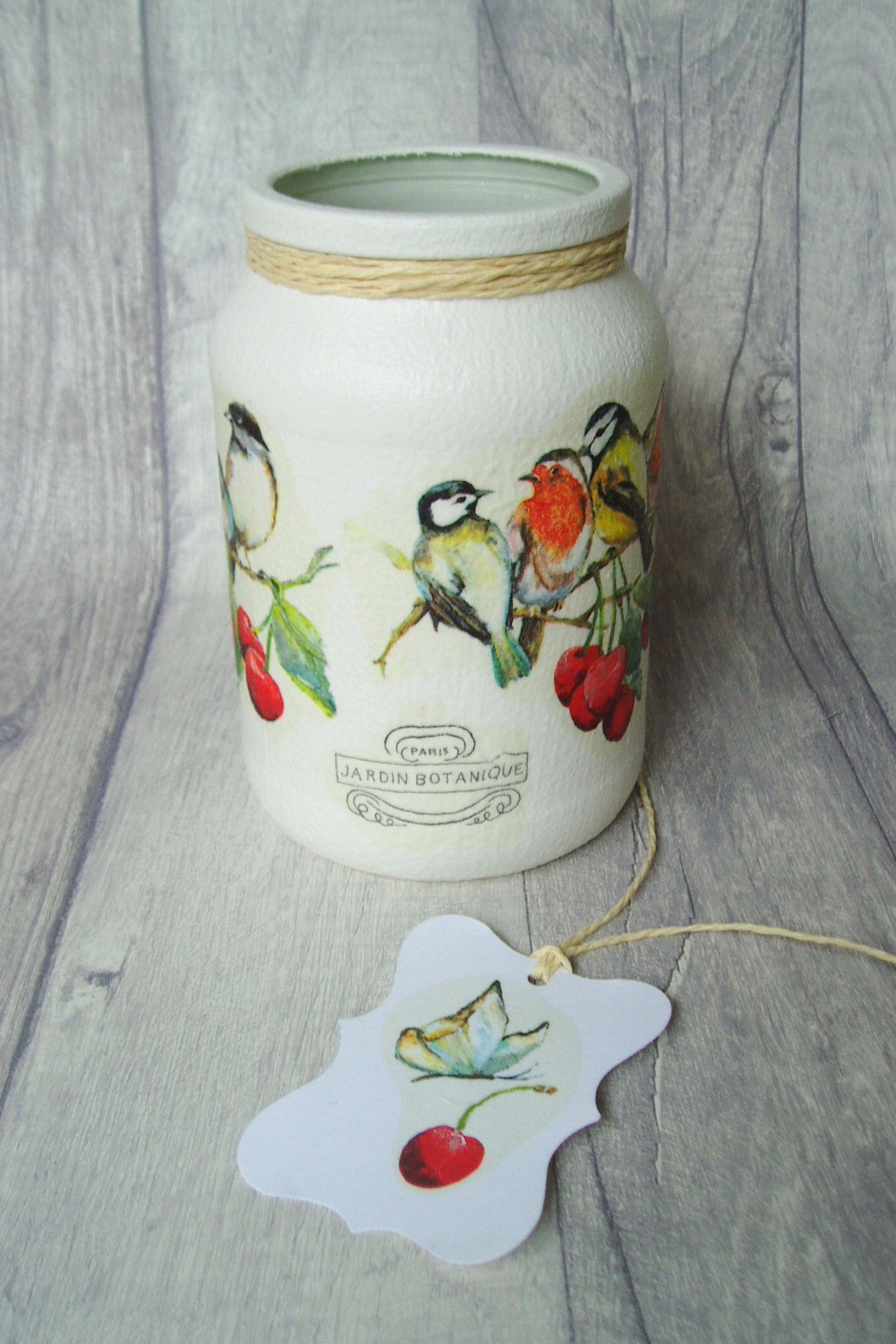 Decoupage Jar. Pretty and Practical Decoupage Jar. Birds and Cherries ...