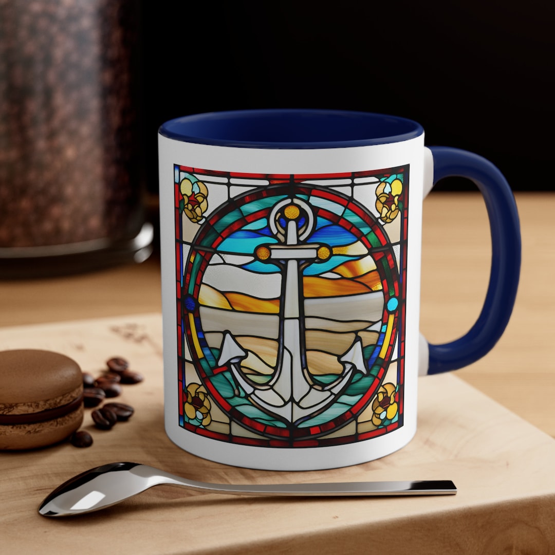 Printed Stained Glass Design Anchor Mug 11oz, Anchor Mug, Nautical Mug ...
