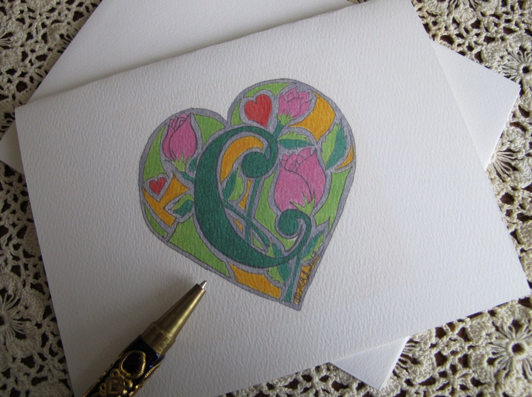 Monogram Letter "c" Heart Shaped Floral Design - Note Cards Illustrated ...