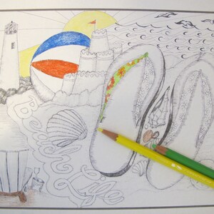 Coloring Page - Beach Life - Hand Drawn With Pen and Ink - Etsy
