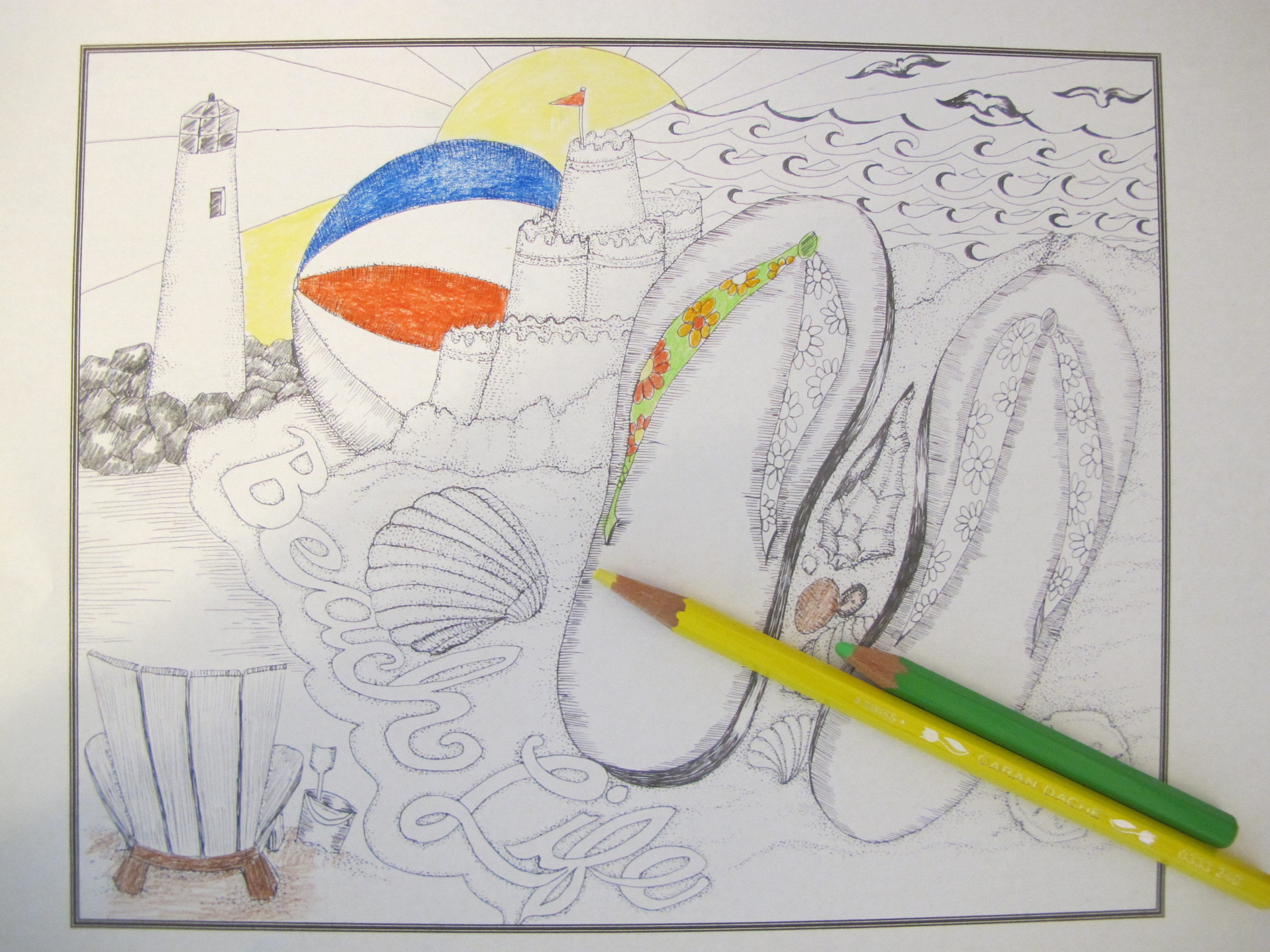 Coloring Page - Beach Life - Hand Drawn With Pen and Ink - Etsy