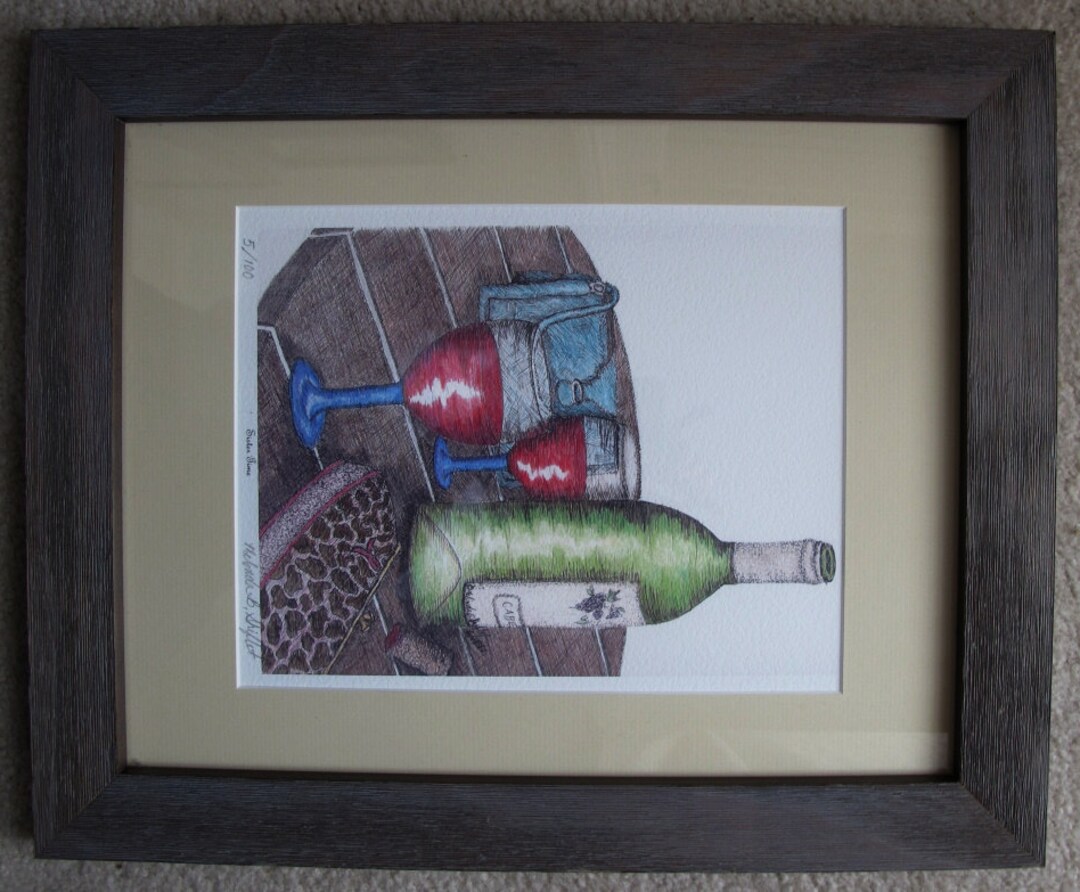 Wine Motif Print Illustrated With Pen and Ink and Colored Pencil ...