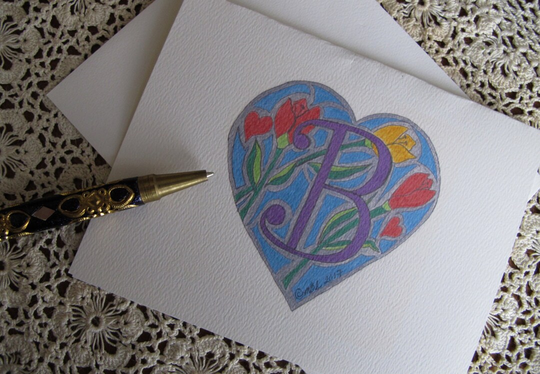Monogram Letter "b" Heart Shaped Floral Design - Note Cards Illustrated ...