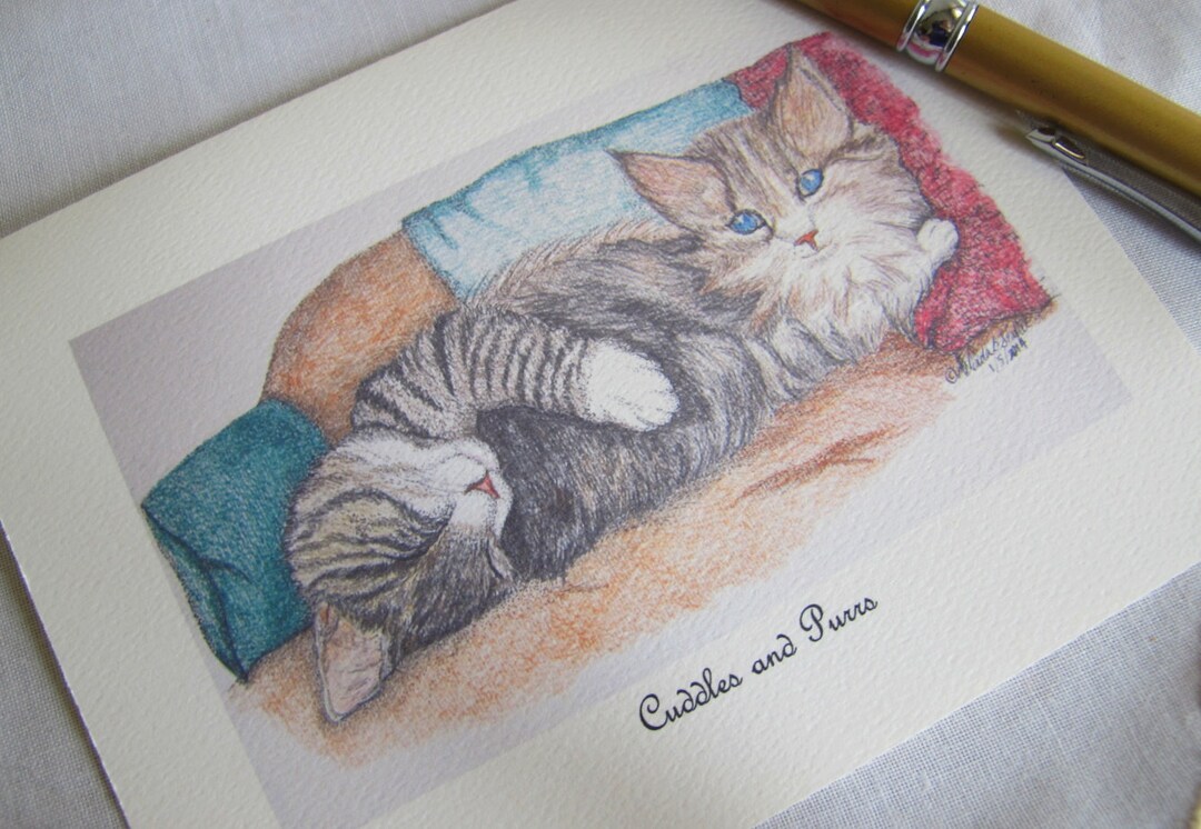 Cuddling Kitties Note Cards Illustrated With Pen and Ink and Colored ...