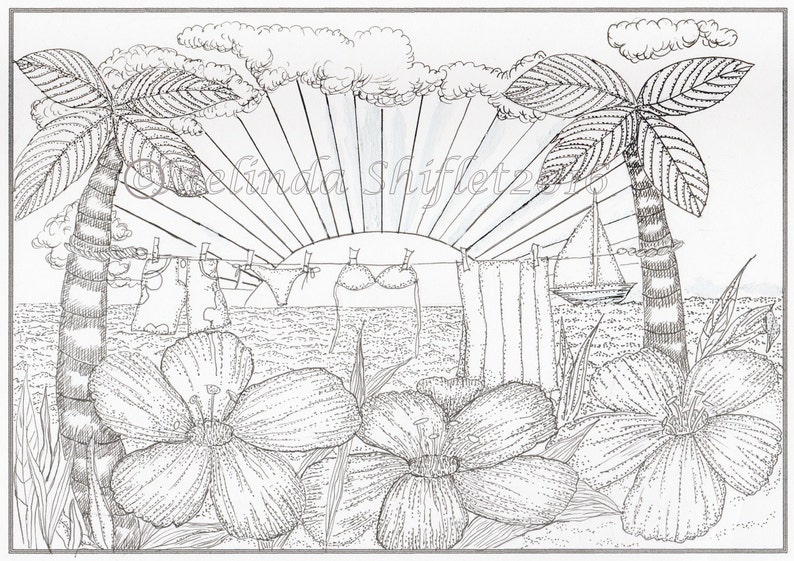 Tropical Oasis Coloring Page - Hand Drawn With Pen and Ink - Etsy