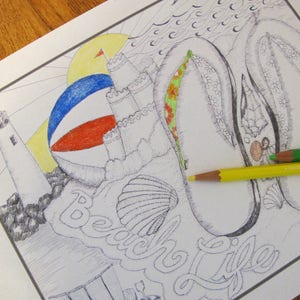 Coloring Page - Beach Life - Hand Drawn With Pen and Ink - Etsy