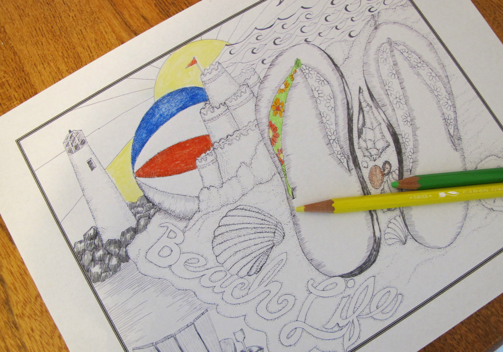 Coloring Page - Beach Life - Hand Drawn With Pen and Ink - Etsy