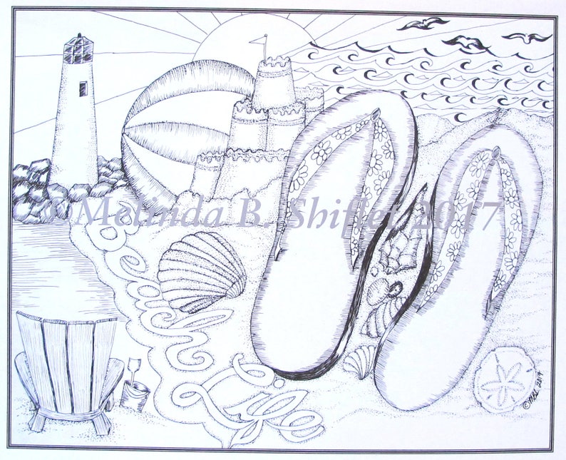 Coloring Page - Beach Life - Hand Drawn With Pen and Ink - Etsy