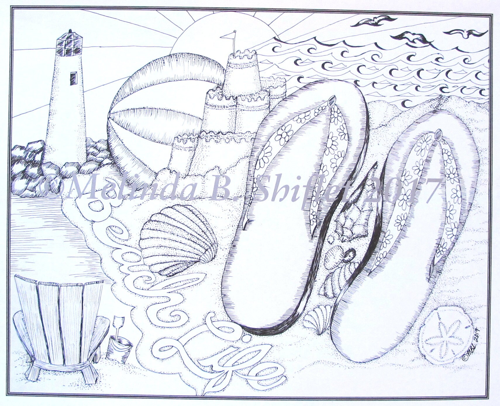 Coloring Page - Beach Life - Hand Drawn With Pen and Ink - Etsy