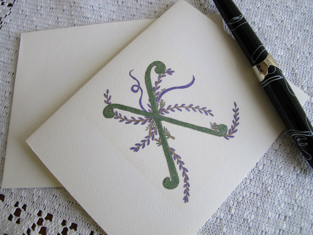 Monogram Letter Note Cards Letter x Lavender Floral Design Illustrated ...