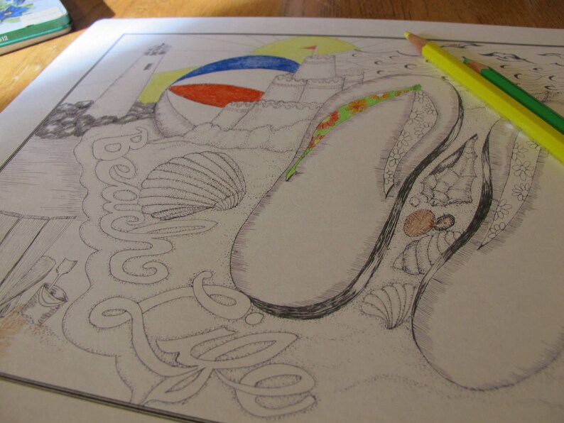 Coloring Page - Beach Life - Hand Drawn With Pen and Ink - Etsy