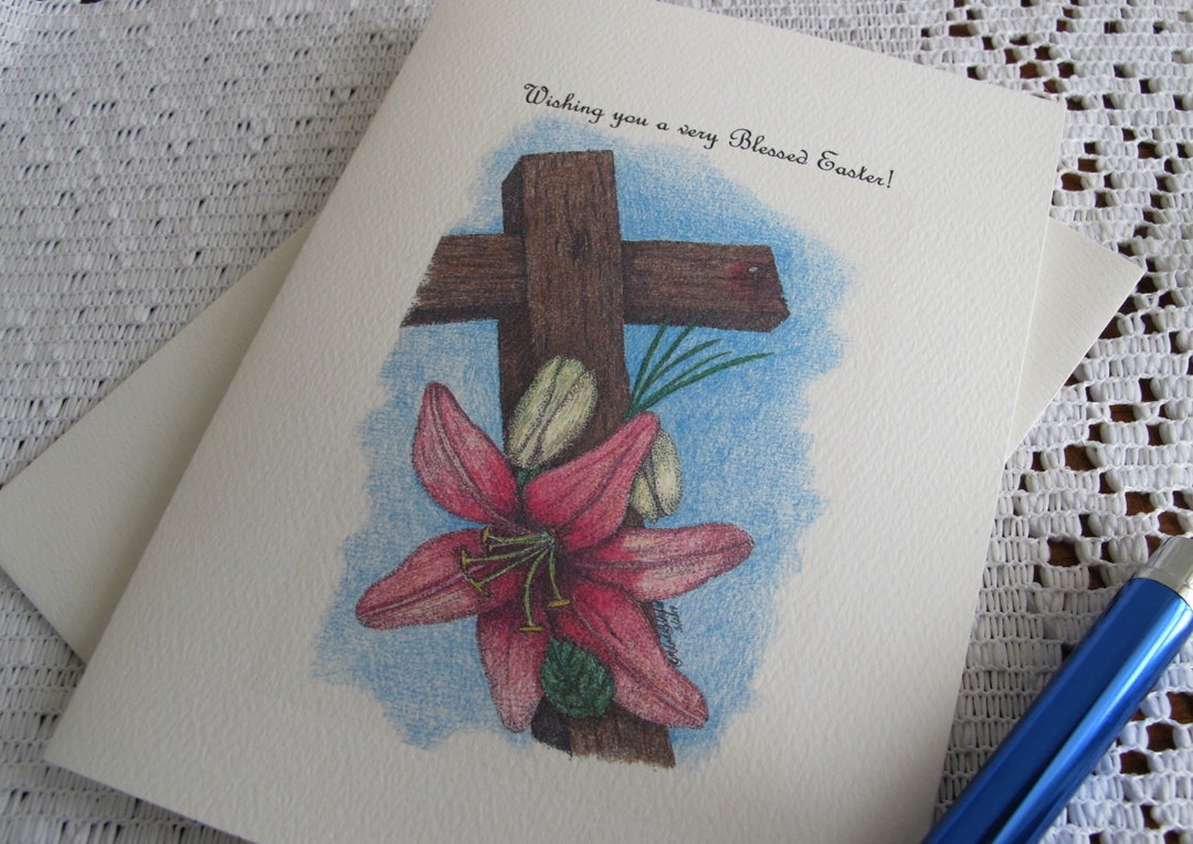 Note Cards With Pen and Ink Drawing of Easter Lilly and Cross With ...