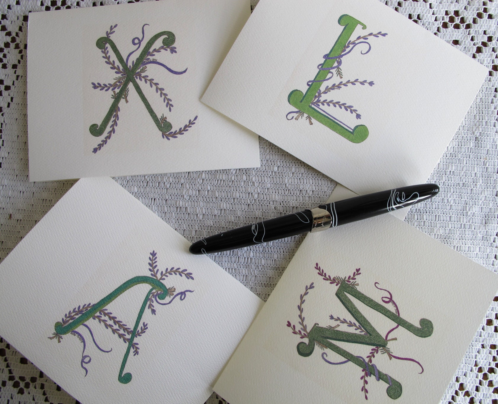 Monogram Letter Note Cards Letter x Lavender Floral Design Illustrated ...