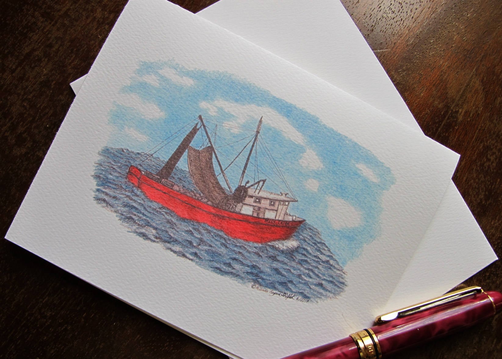 Lobster Boat Note Cards Illustrated With Pen and Ink and Colored Pencil ...