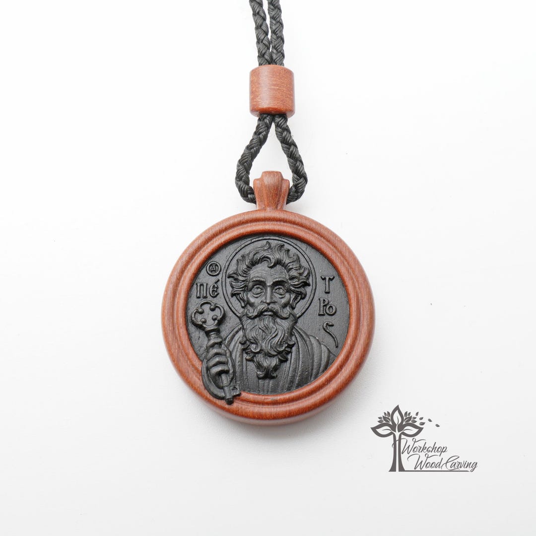 Medallion of Saint Apostle Peter, Catholic Saint Necklace Wood Pendant ...