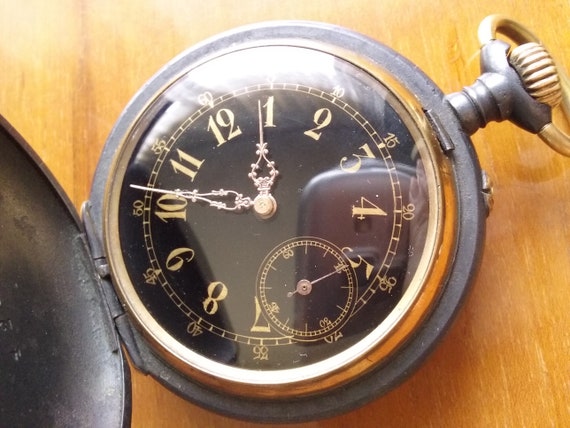Antique Gun metal full hunter pocket watch black enam… - Gem Antique Gun metal full hunter pocket watch black enam… - Gem