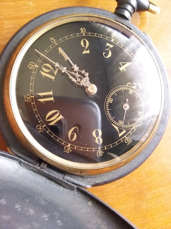 Antique Gun metal full hunter pocket watch black enam… - Gem Antique Gun metal full hunter pocket watch black enam… - Gem