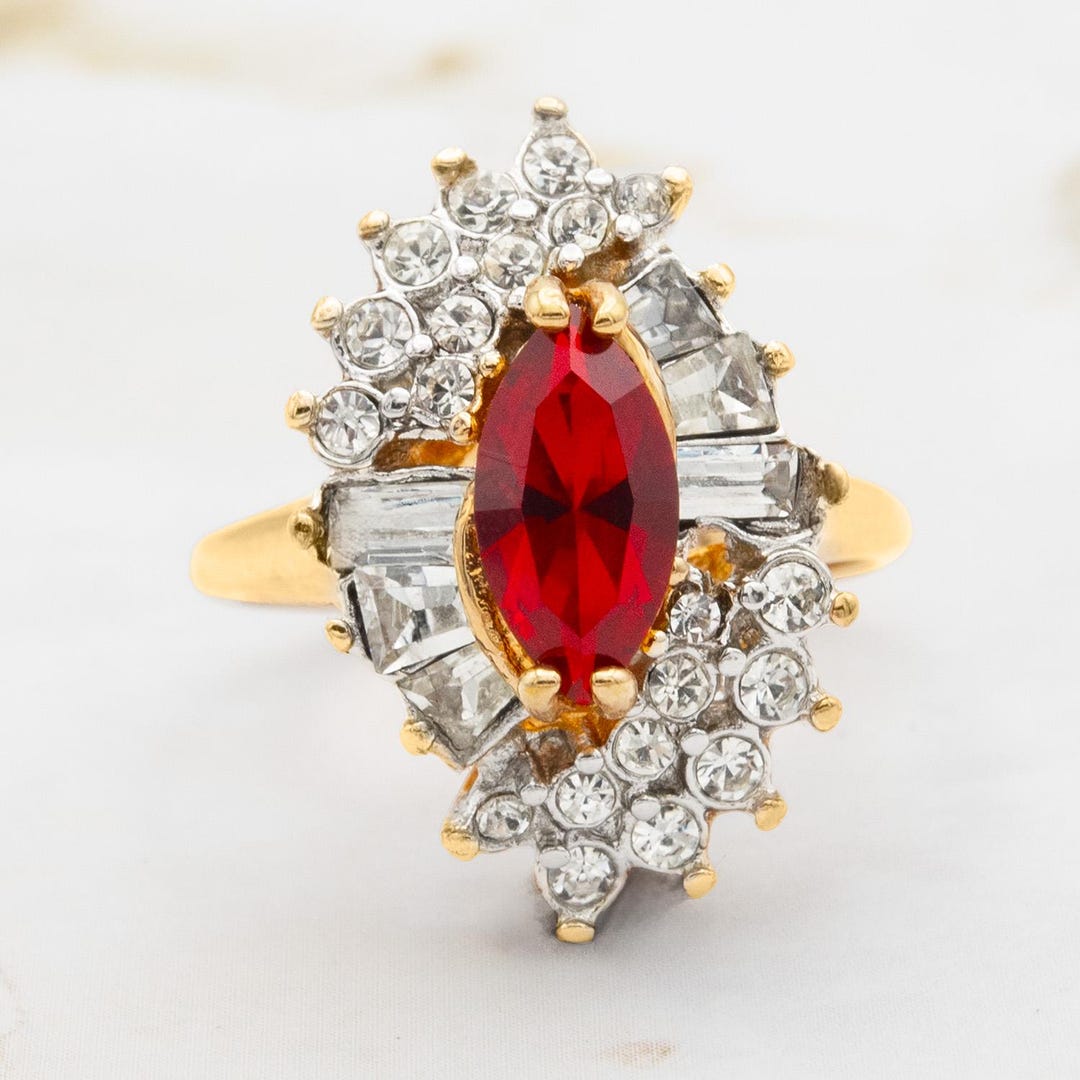 Vintage 18k Gold Ruby Ring: Austrian Crystal Cocktail Jewelry Ornate ...