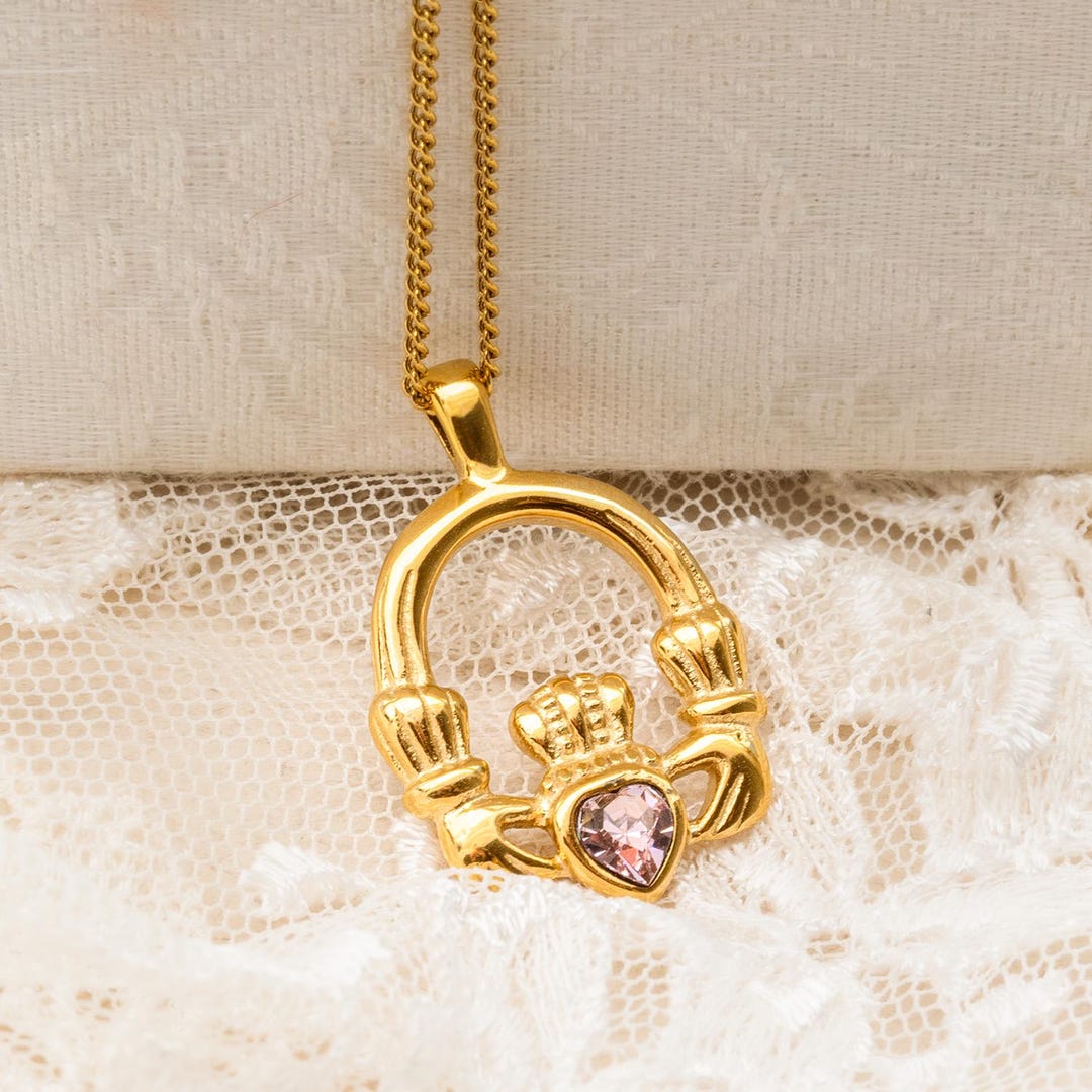 Vintage 18k Gold Claddagh Necklace Pink Tourmaline Crystal Heart Irish ...