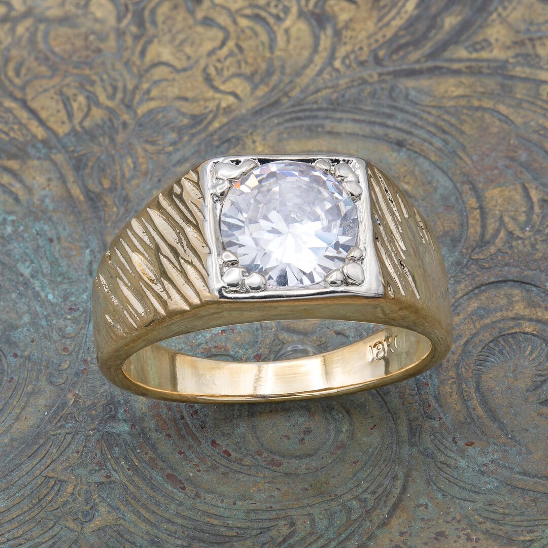 Vintage Ring Men's 2 Ct. Cubic Zirconia 18K Gold Ring Unisex Antique ...