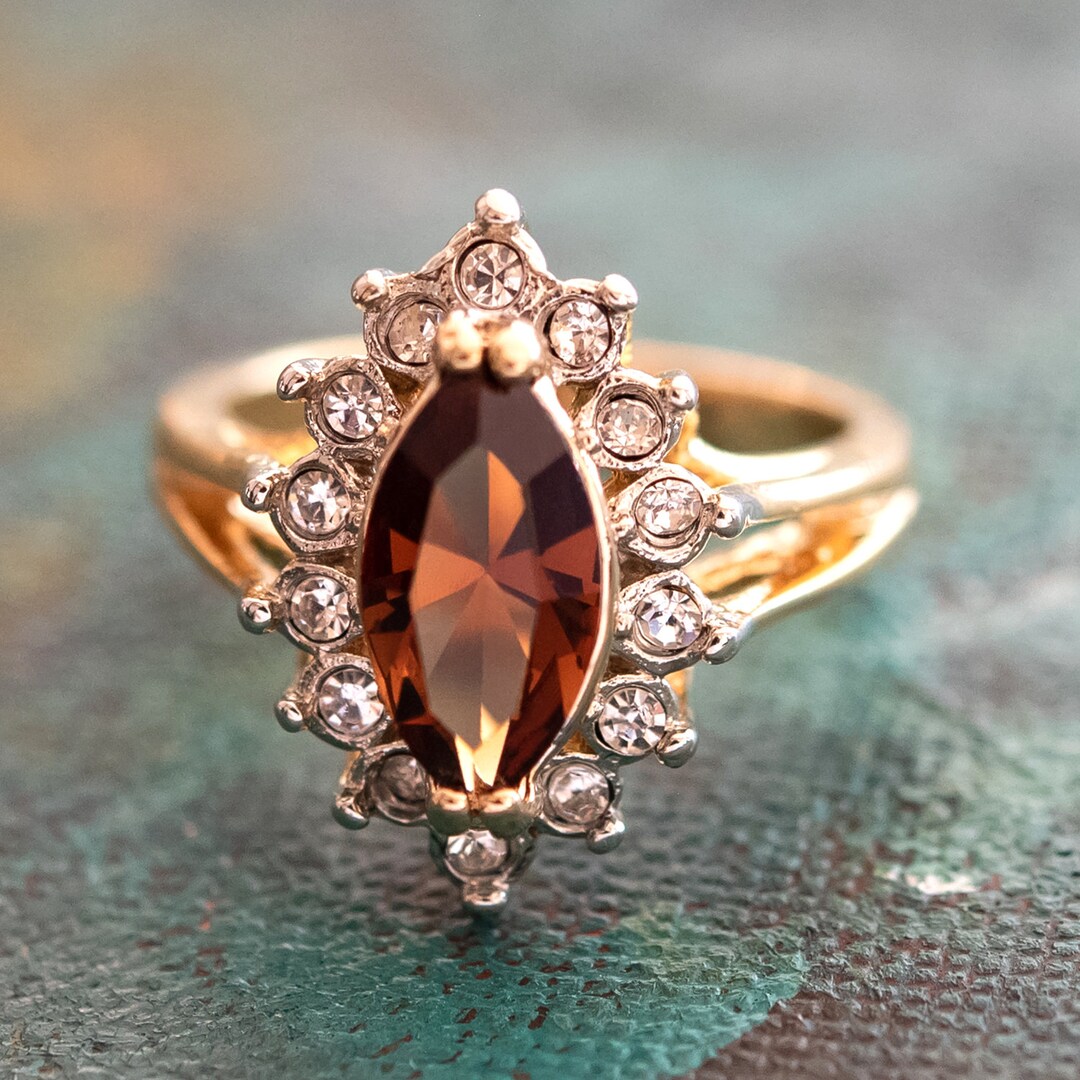 Vintage Ring Smoke Topaz and Clear Swarovski Crystals 18k Gold Plated ...