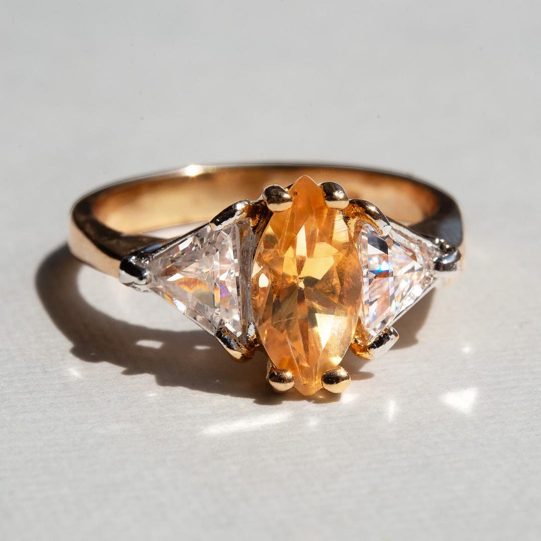 Vintage Ring Genuine Citrine and Clear Swarovski Crystals 18kt Gold ...