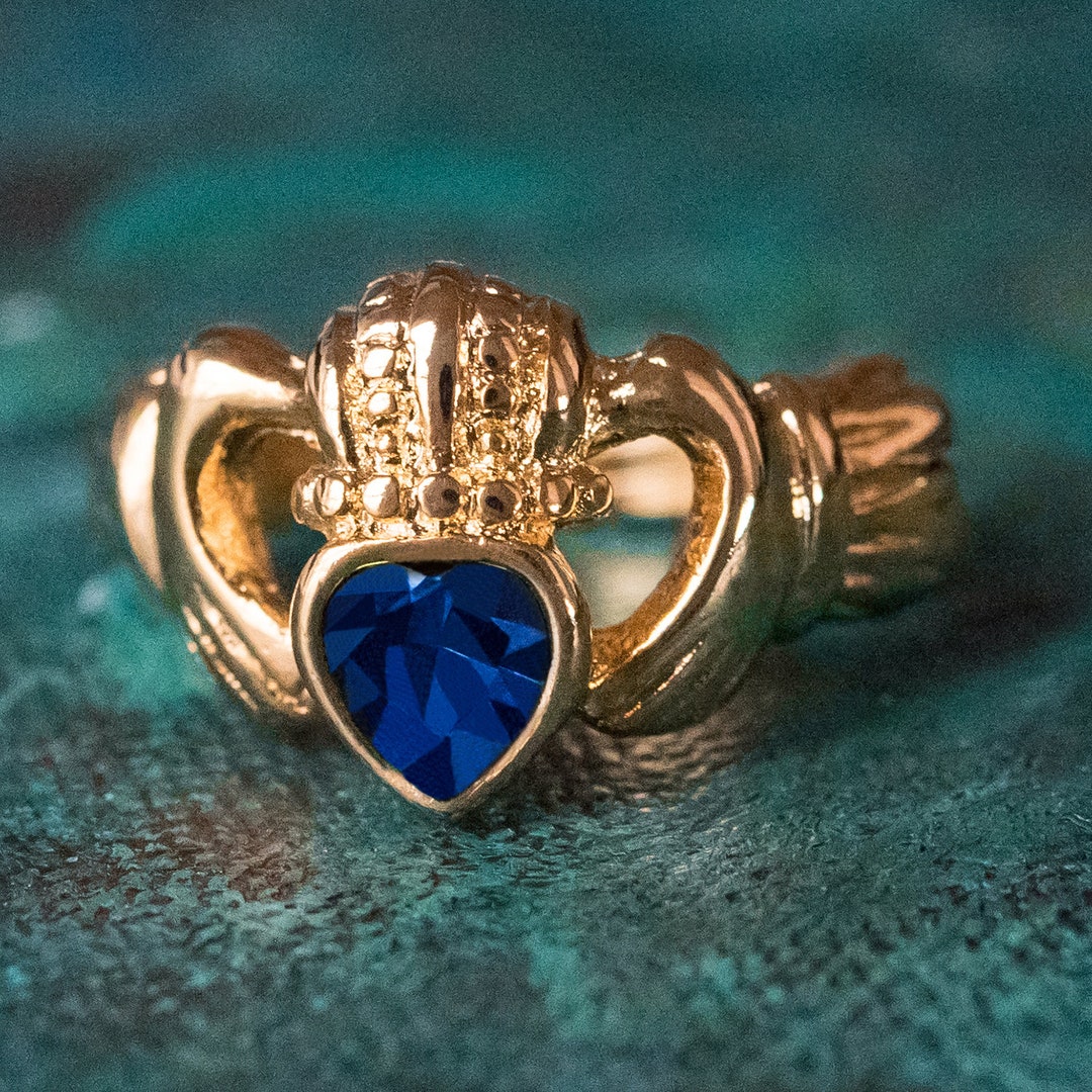 Vintage 18k Gold Claddagh Ring: Sapphire Austrian Crystal, Irish ...