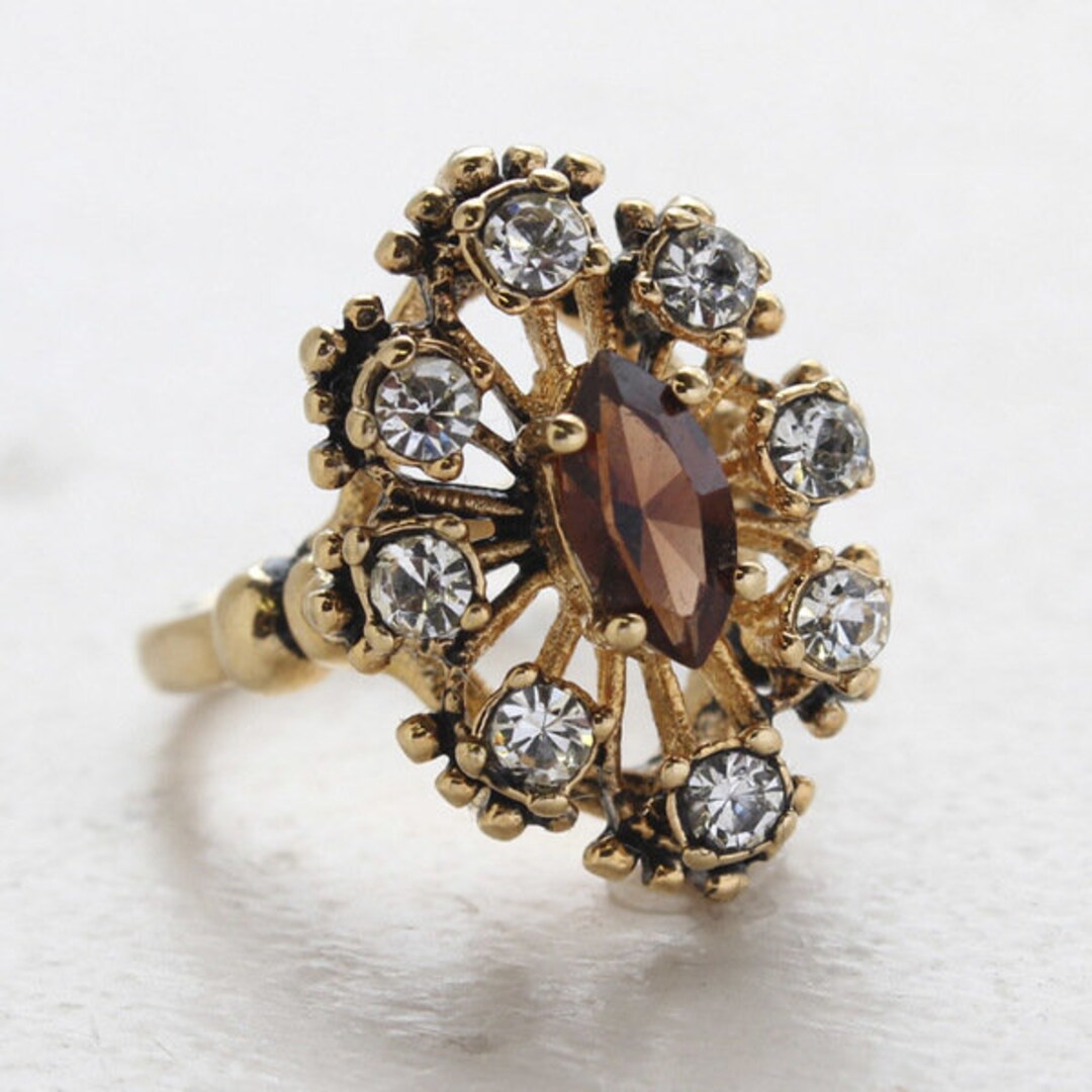 Vintage Ring Brown Topaz and Clear Swarovski Crystal Cocktail Ring ...