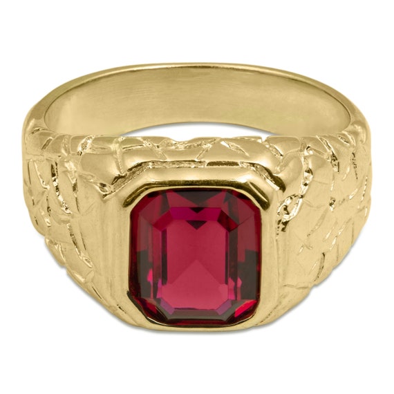 Vintage 18kt Gold Plated Mens Ring: Ruby Crystal, 198… - Gem