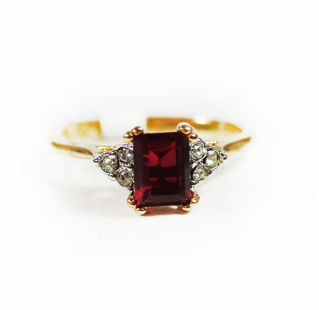 Vintage Womens 1980s Antique Ruby Ring 18k Gold Electroplated Austrian ...