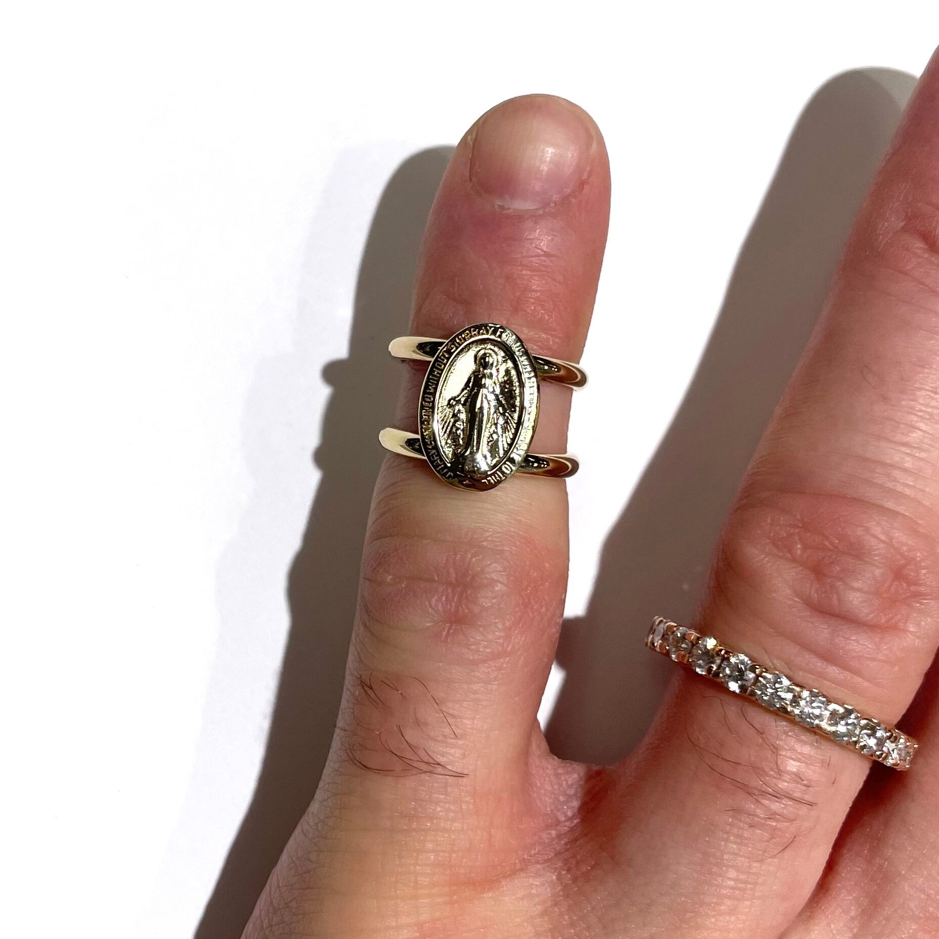 Double Band Virgin Mary Ring in 14k Gold | Etsy